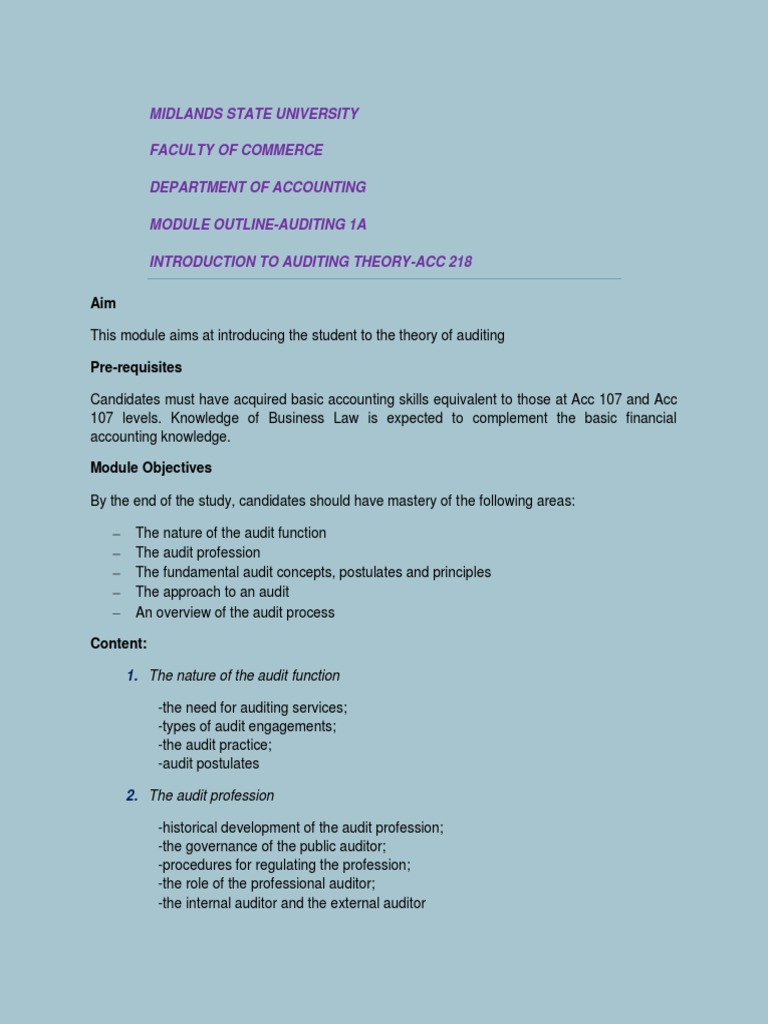 Midlands State University Faculty of Commerce Department of Accounting Module Outline-Auditing ...