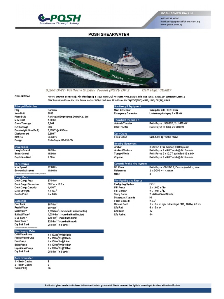 Posh Shearwater: 3,200 DWT/ Platform Supply Vessel (PSV) / DP 2 Call ...