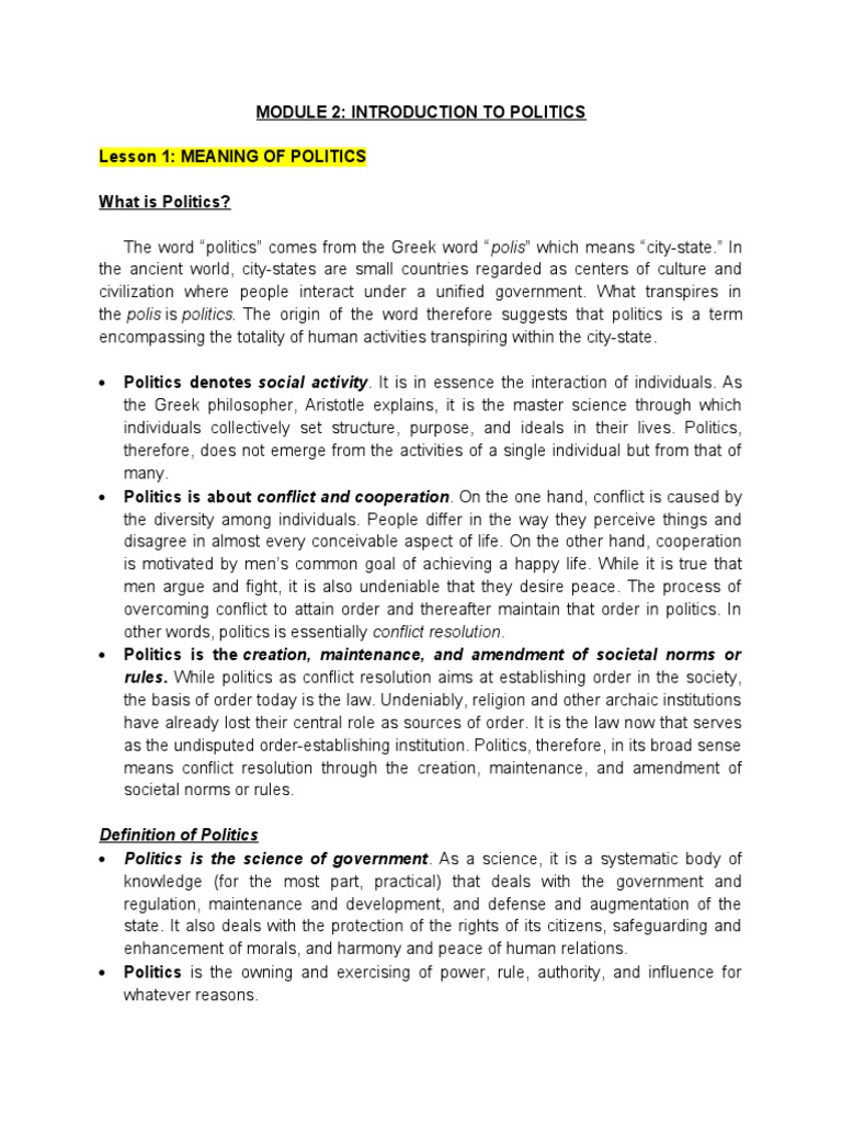 Module 2: Introduction To Politics Lesson 1: Meaning of Politics What ...