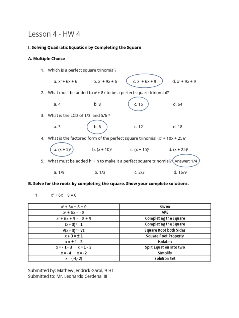 Lesson 4 - HW 4: I. Solving Quadratic Equation by Completing The Square ...
