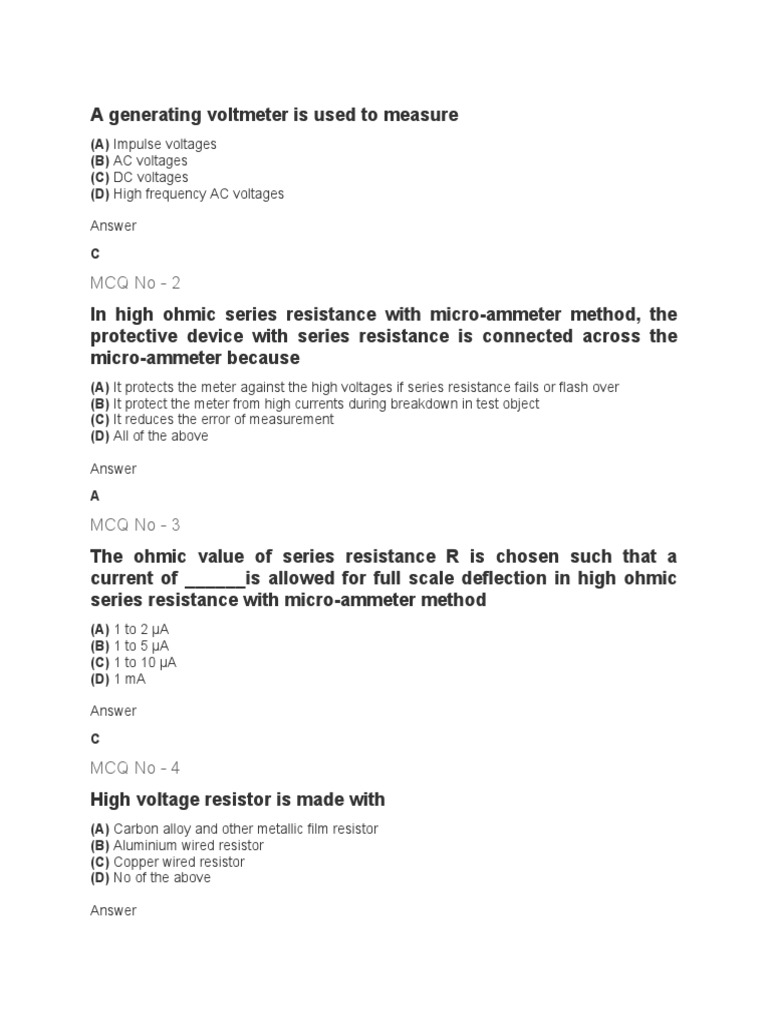 HVE MCQ Unit 4 and 5 | PDF | Capacitor | Electrical Resistance And Conductance