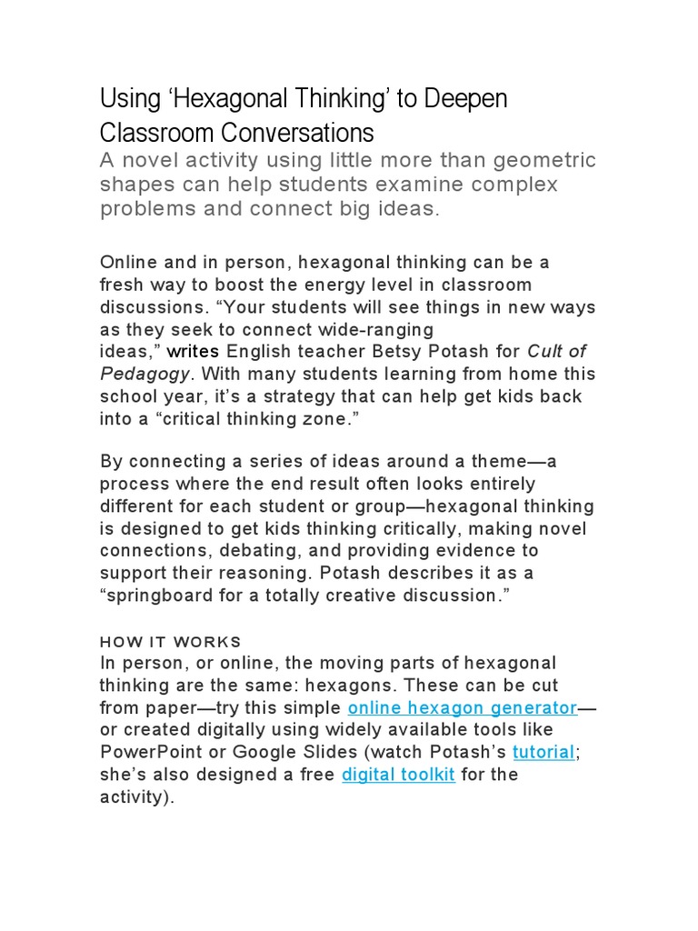 Using Hexagonal Thinking' To Deepen Classroom Conversations | PDF ...