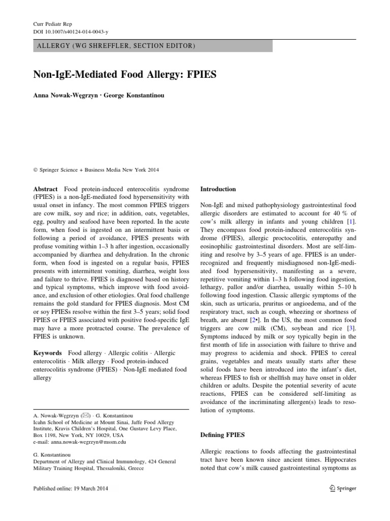 Non-Ige-Mediated Food Allergy: Fpies | PDF | Food Allergy | Allergy