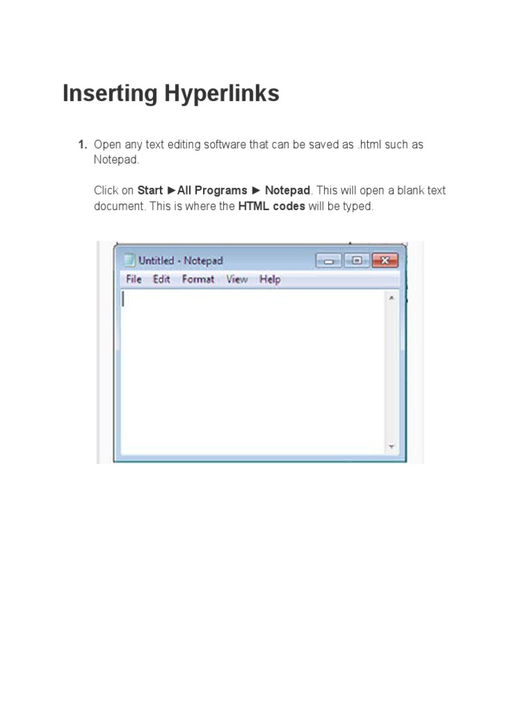 Inserting Hyperlinks: 1. Open Any Text Editing Software That Can Be Saved As .HTML Such As | PDF ...
