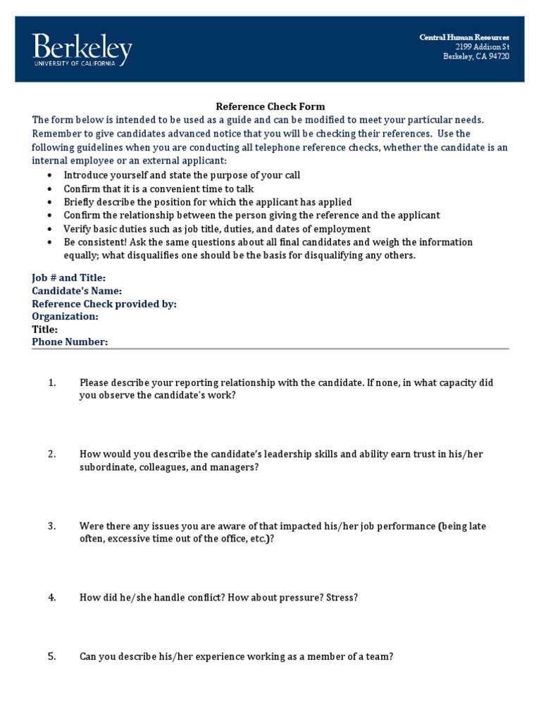 Reference Check Form: Job # and Title: Candidate's Name: Reference ...