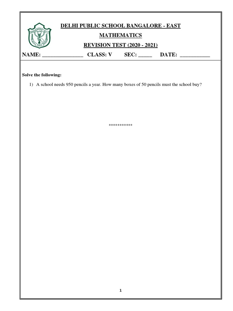 Delhi Public School Bangalore - East Mathematics REVISION TEST (2020 ...