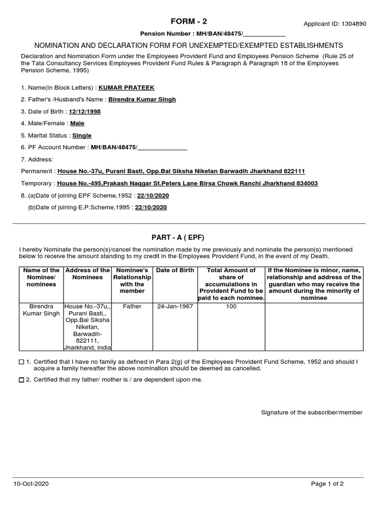 Form - 2: Nomination and Declaration Form For Unexempted/Exempted Establishments | PDF ...