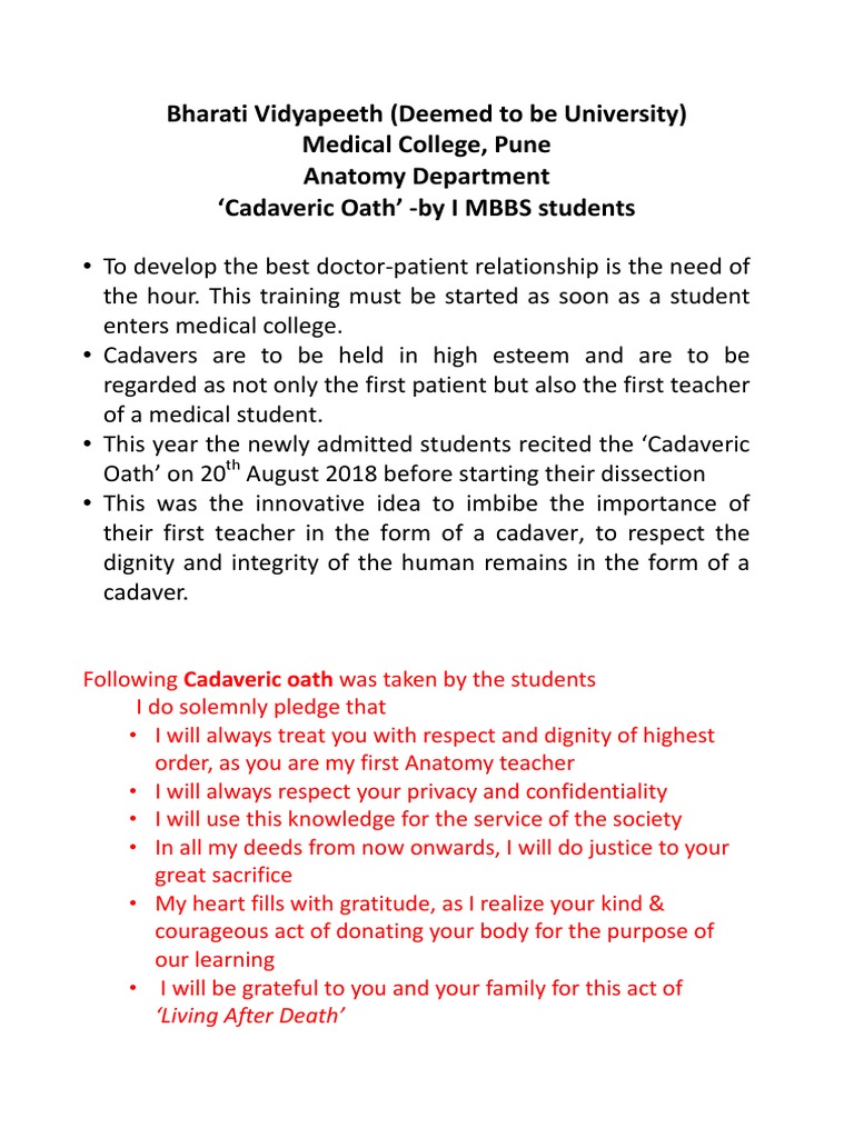 Bharati Vidyapeeth (Deemed To Be University) Medical College, Pune Anatomy Department Cadaveric ...