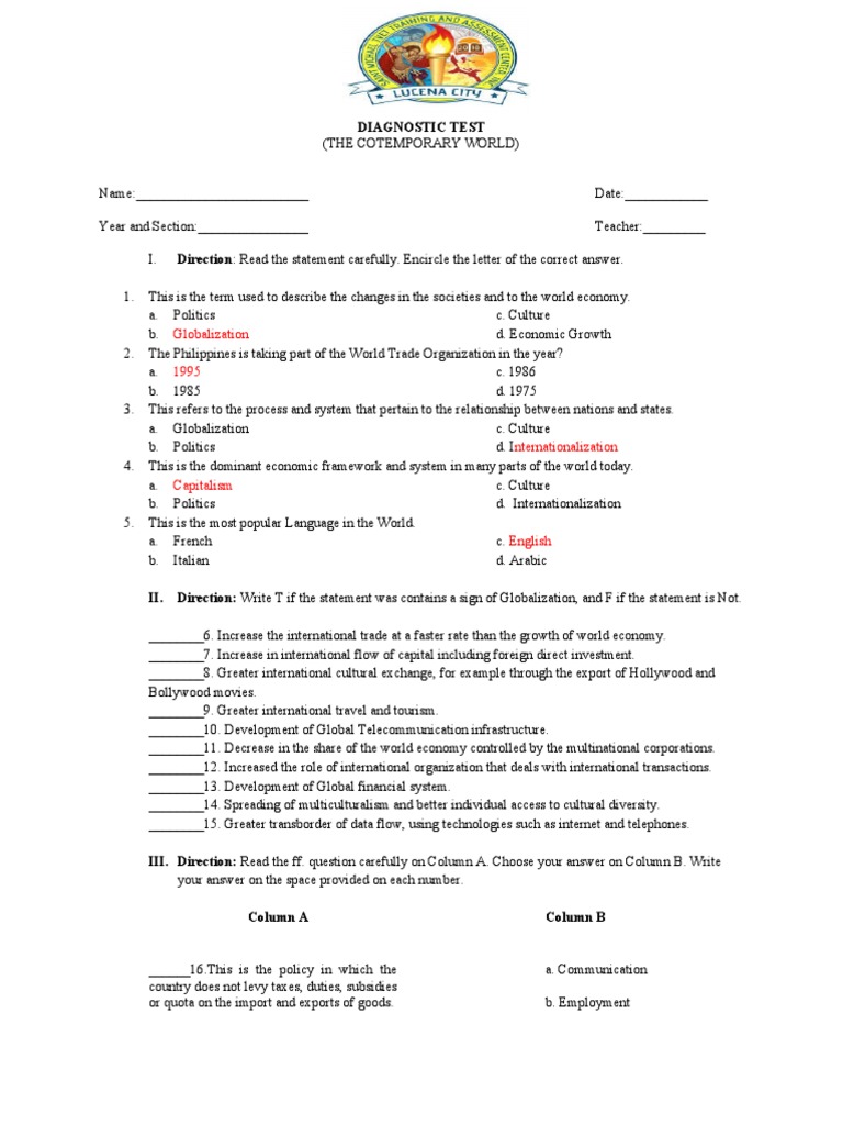 DIAGNOSTIC TEST Contemporary World | PDF | Internationalization ...
