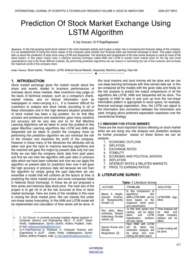 Prediction of Stock Market Exchange Using LSTM Algorithm: Abstract ...