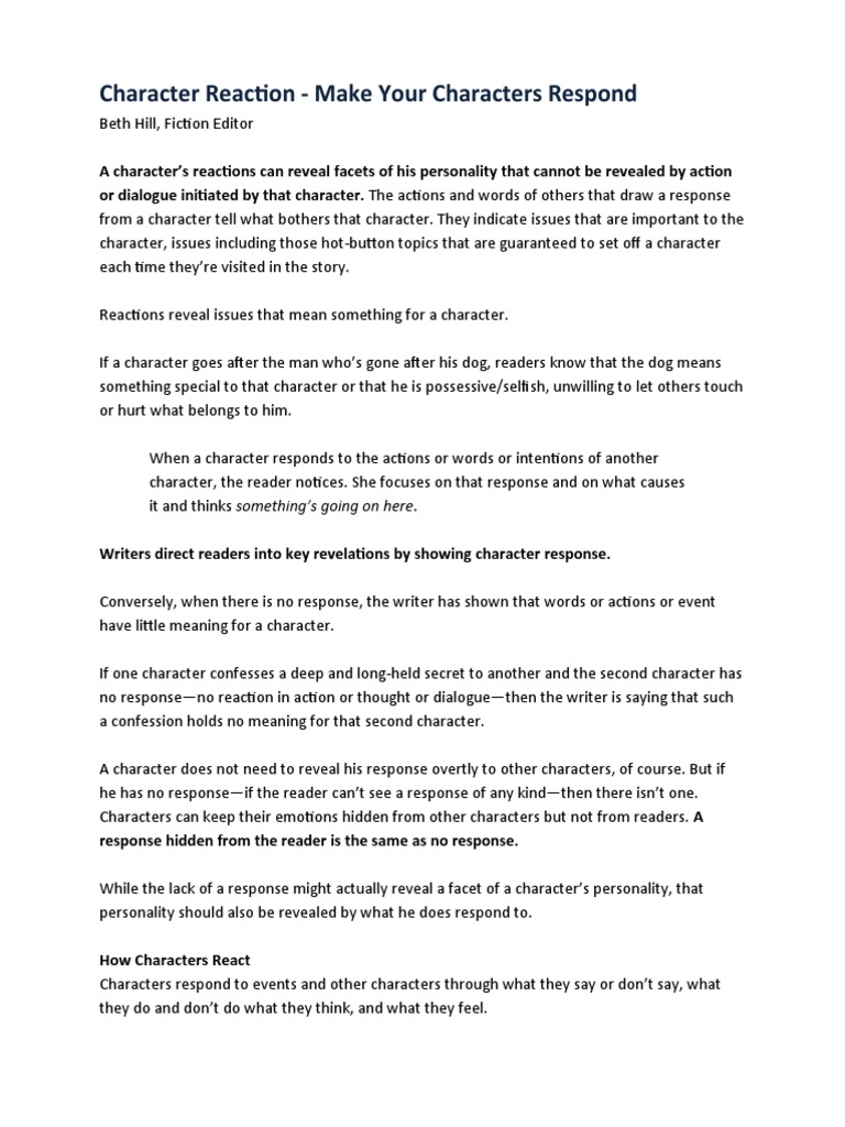 Revealing Character Through Reaction: How a Character Responds Provides ...