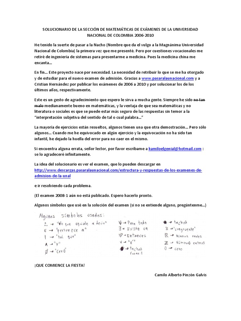 2006 1 UNAL Respuestas Solucionarios Matematicas Blog de La PDF | PDF
