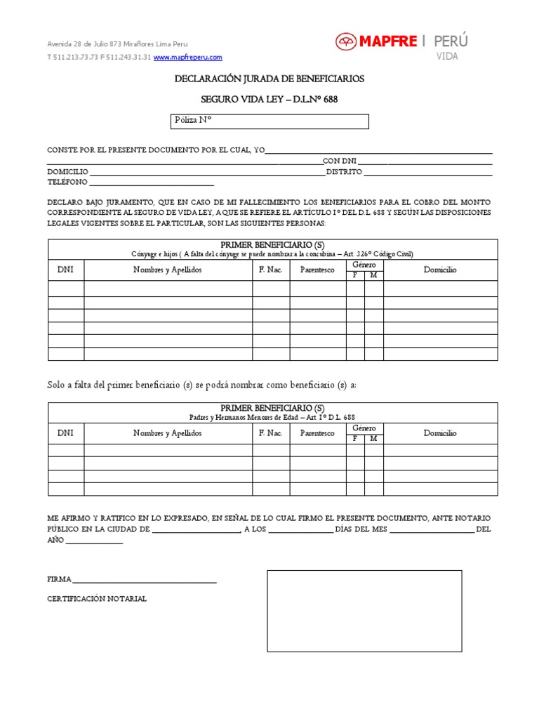 Declaración Jurada de Beneficiarios Seguro Vida Ley | PDF | Justicia | Crimen y violencia