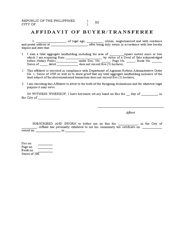 Affidavit of Buyer Transferee | PDF