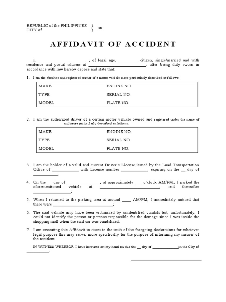 Affidavit of Accident | PDF | Affidavit | Motor Vehicle