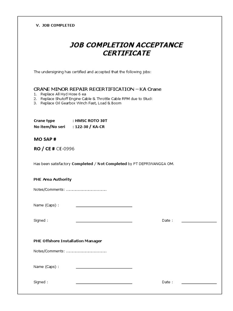 Job Completion Acceptance Certificate: Mosap# RO / CE # CE-0996 | PDF ...