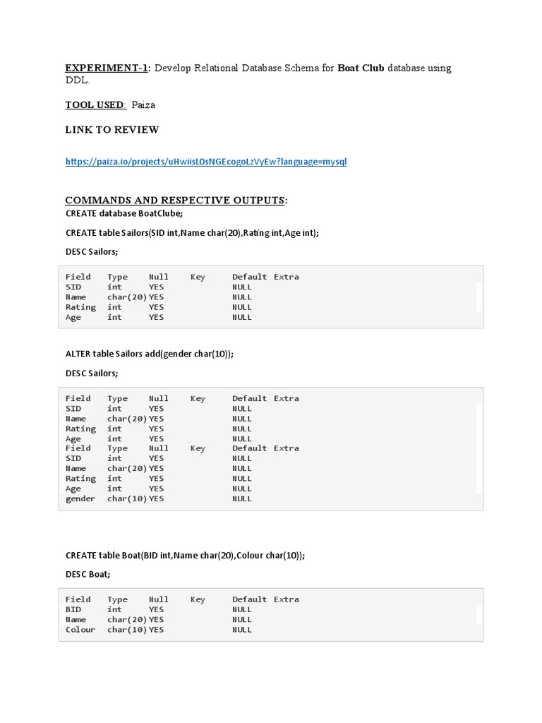 Ddl. Paiza: EXPERIMENT-1: Develop Relational Database Schema For Boat Club Database Using | PDF ...