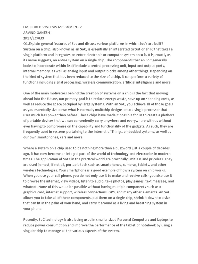 Embedded Systems Assignment 2 | Download Free PDF | System On A Chip | Microprocessor