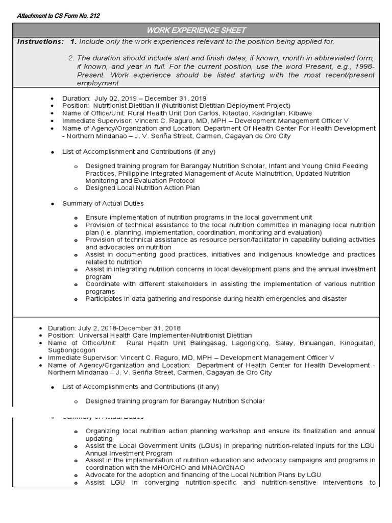CS Form No. 212 Attachment Work Experience Sheet RONA | PDF | Dietitian ...