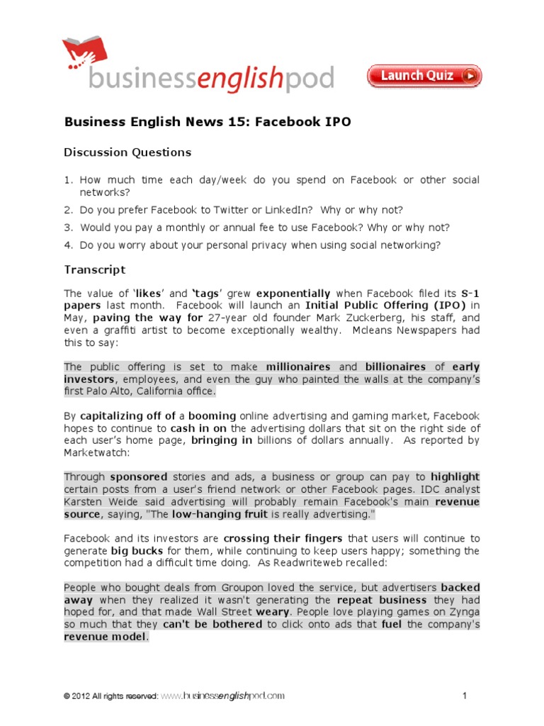 Business English News 15: Facebook IPO: Discussion Questions | PDF ...
