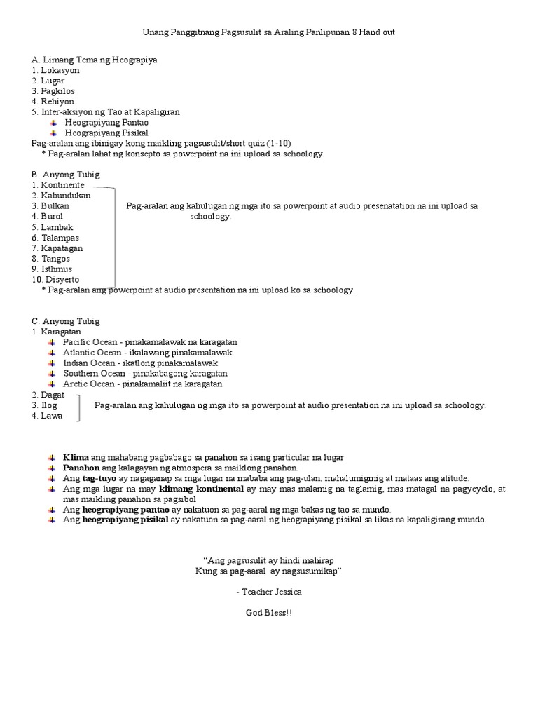 Unang Panggitnang Pagsusulit Sa Araling Panlipunan 8 Hand Out | PDF