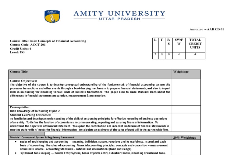 Course Title: Basic Concepts of Financial Accounting Course Code: ACCT ...