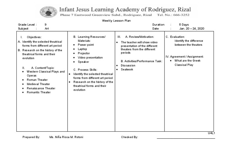 Weekly Lesson Plan Grade Level: 9 Duration: 5 Days Subject: Art Date ...