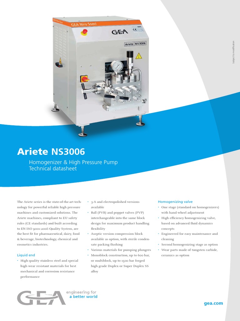 Ariete NS3006: Homogenizer & High Pressure Pump Technical Datasheet ...
