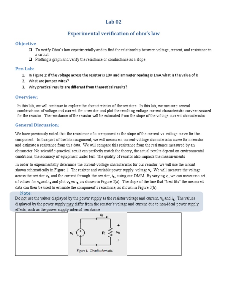 Lab 02 Experimental Verification of Ohm's Law: Objective | PDF ...