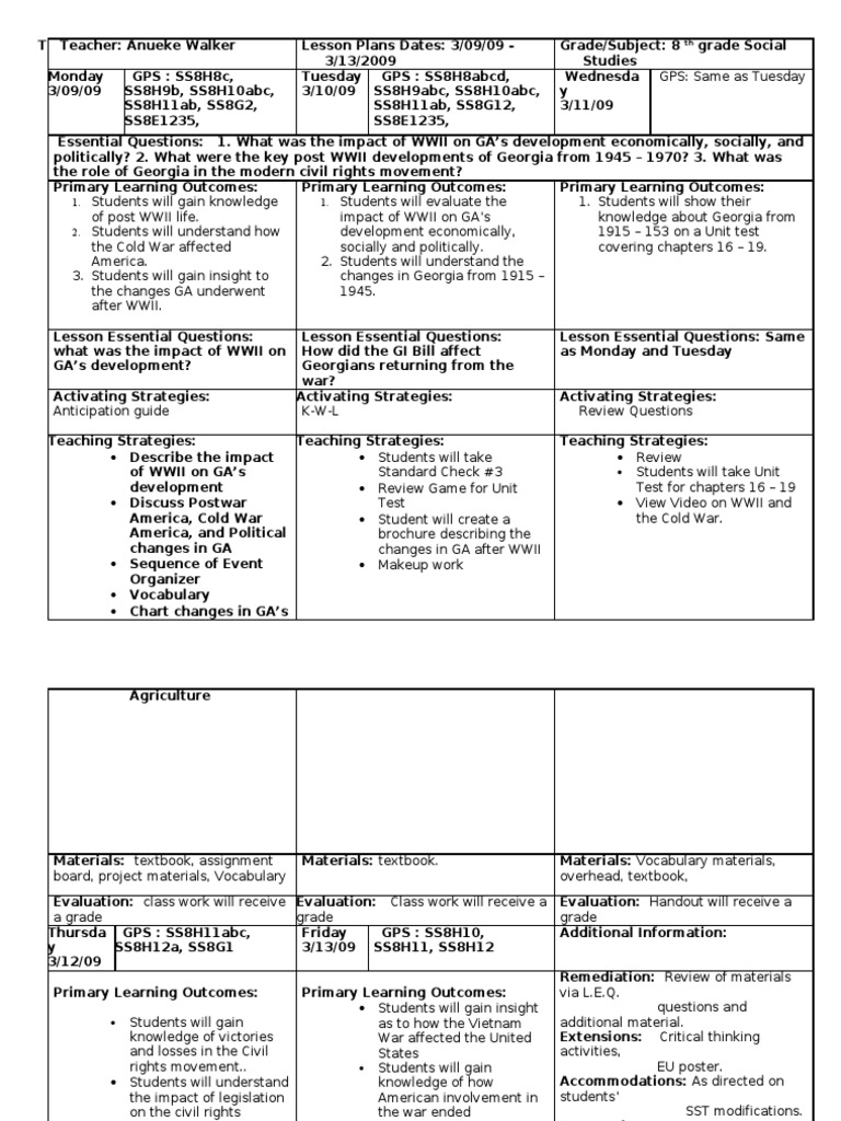 Lesson Plans | PDF | Georgia (U.S. State) | Homework