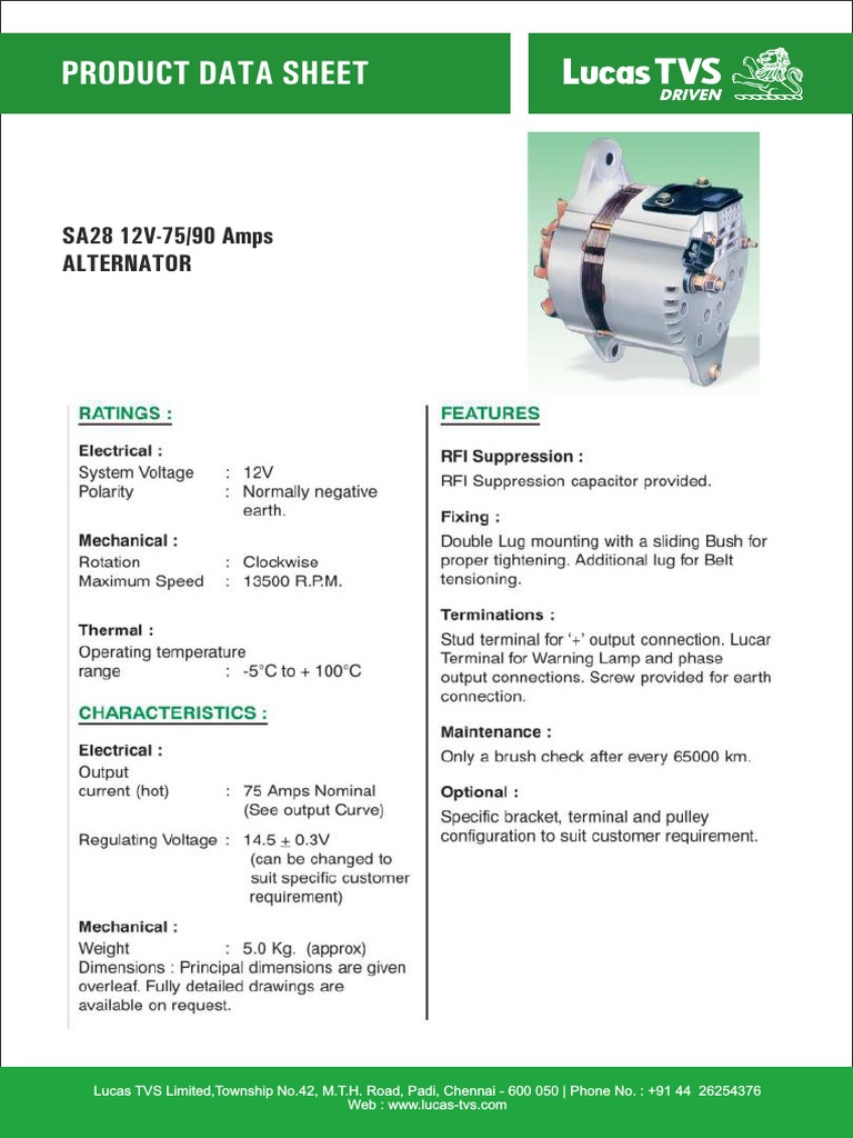Product Data Sheet: SA28 12V-75/90 Amps Alternator | PDF | Business