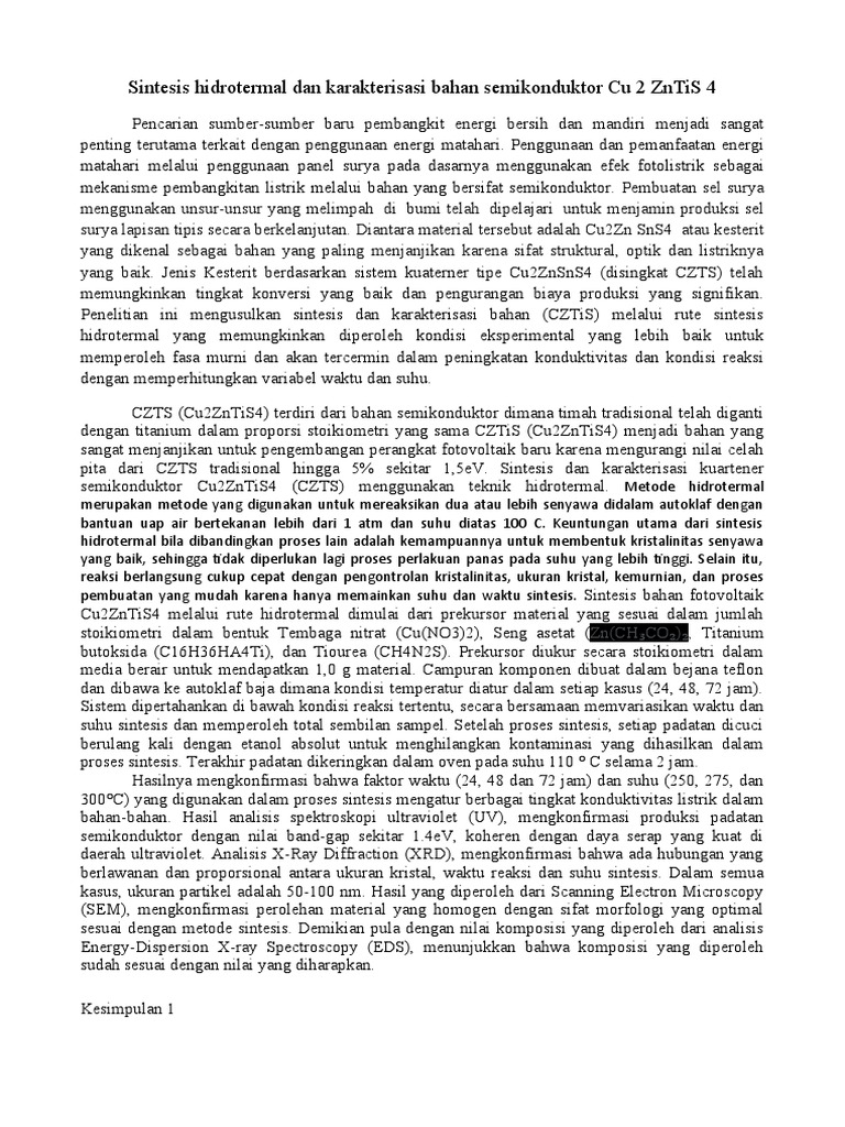 Sintesis Hidrotermal Cu2ZnTiS4 | PDF