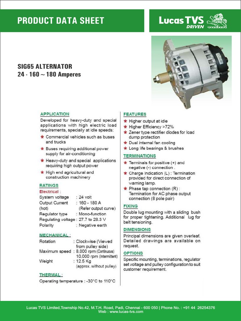 Product Data Sheet: Sig65 Alternator 24 - 160 180 Amperes | PDF