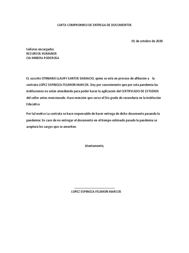 Carta Compromiso de Entrega de Documentos | PDF