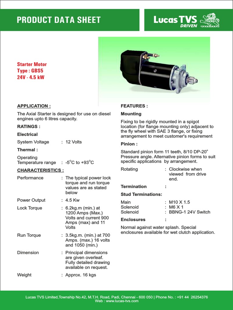 Product Data Sheet: Starter Motor Type: GBS5 24V - 4.5 KW | PDF ...