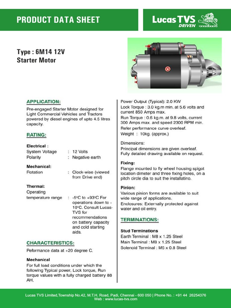 Product Data Sheet: Type: 6M14 12V Starter Motor | PDF