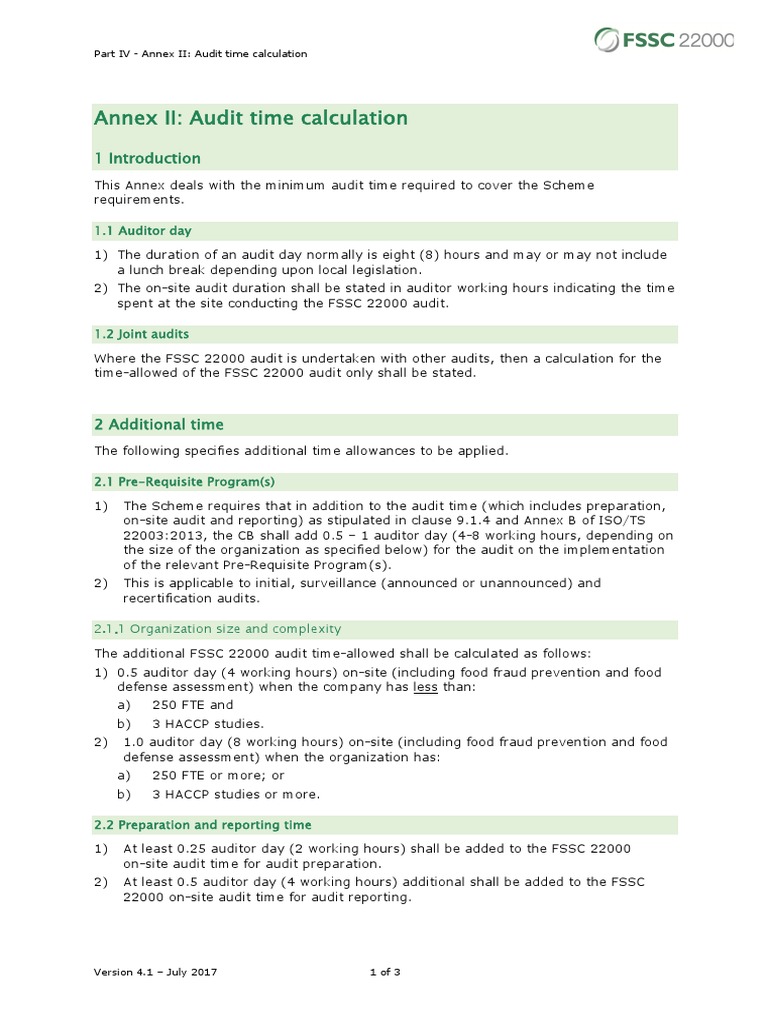 Annex II: Audit Time Calculation: 1.1 Auditor Day | PDF | Audit | Iso 9000