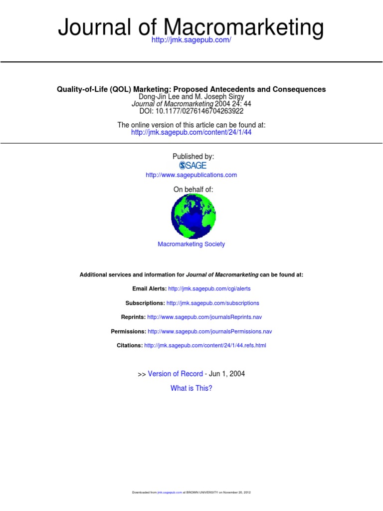 Journal of Macromarketing: Quality-of-Life (QOL) Marketing: Proposed ...