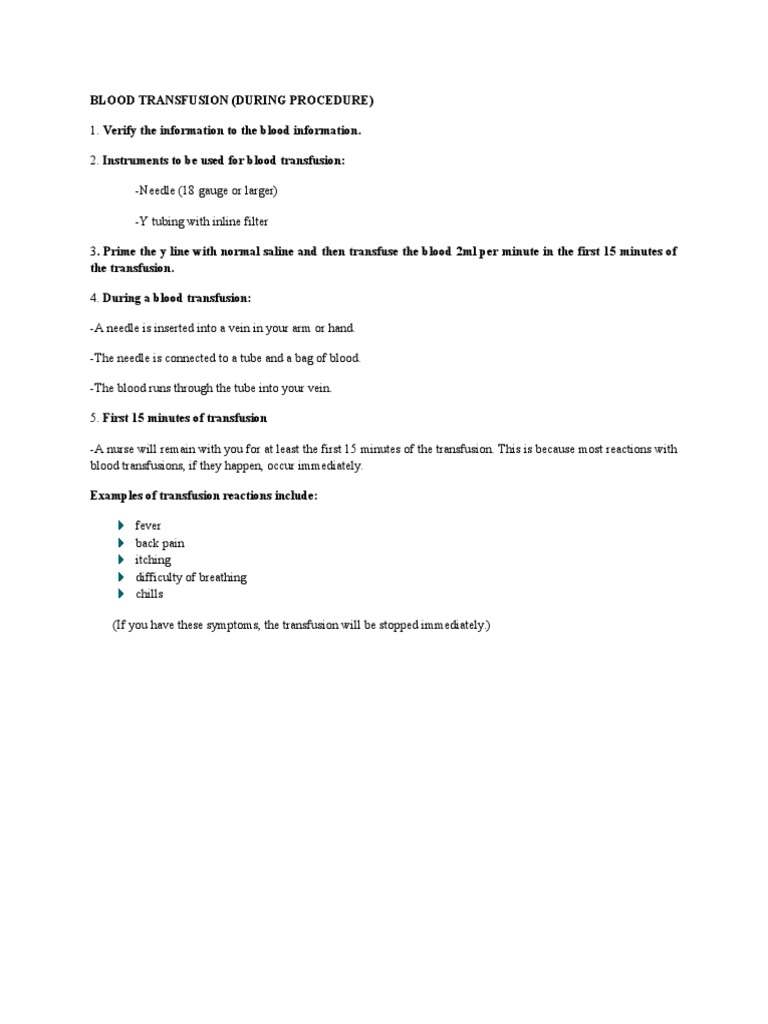 Blood Transfusion Procedure Steps | PDF