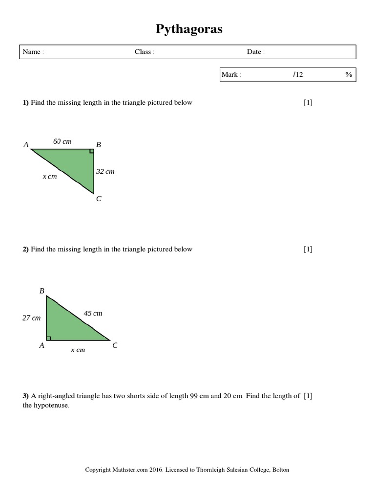 Pythagoras: Name: Class: Date: /12 % | PDF | Length | Classical Geometry
