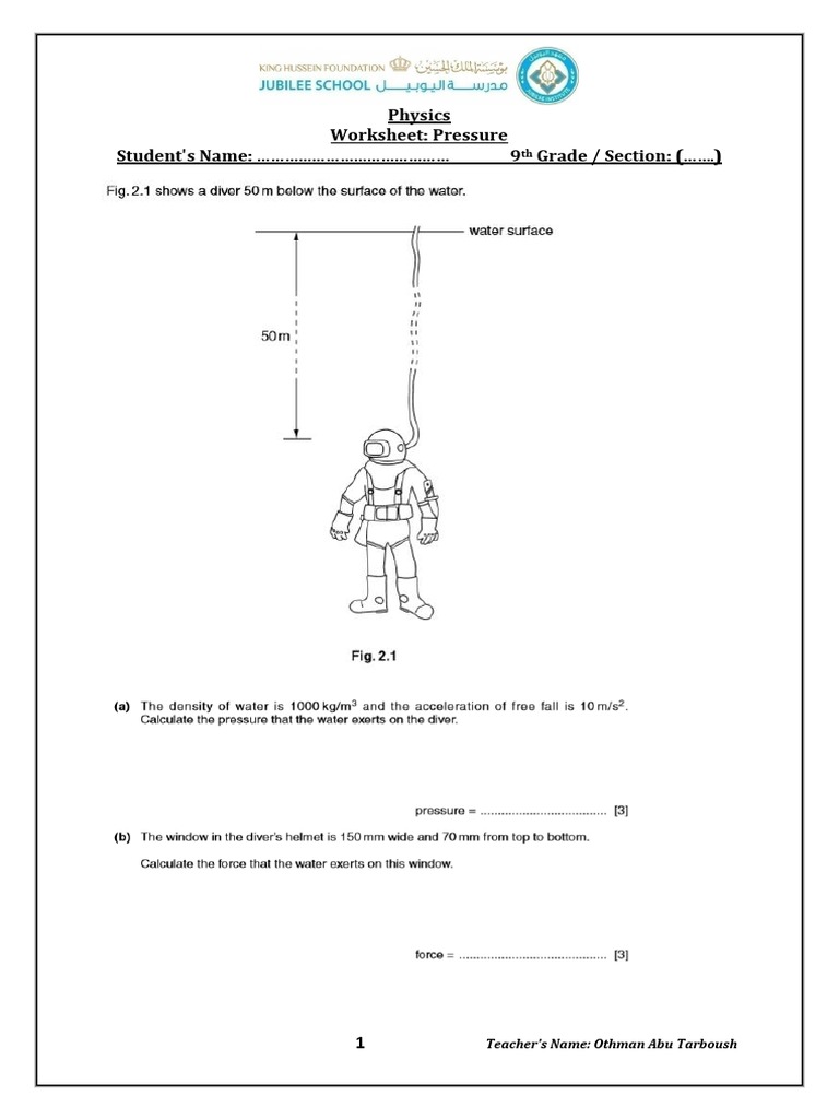 Grade 9 Worksheet - Pressure | PDF