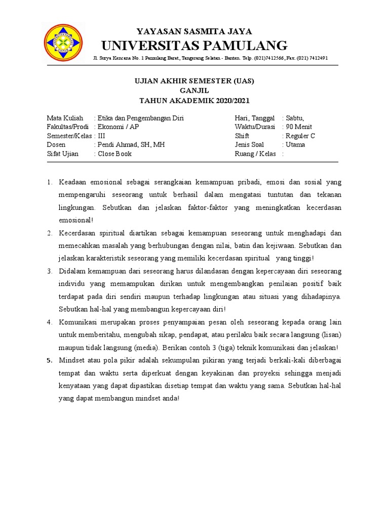 Soal Uas Etika Profesi Dan Pengembangan Diri | PDF | Karier & Perkembangan | Pengembangan Diri