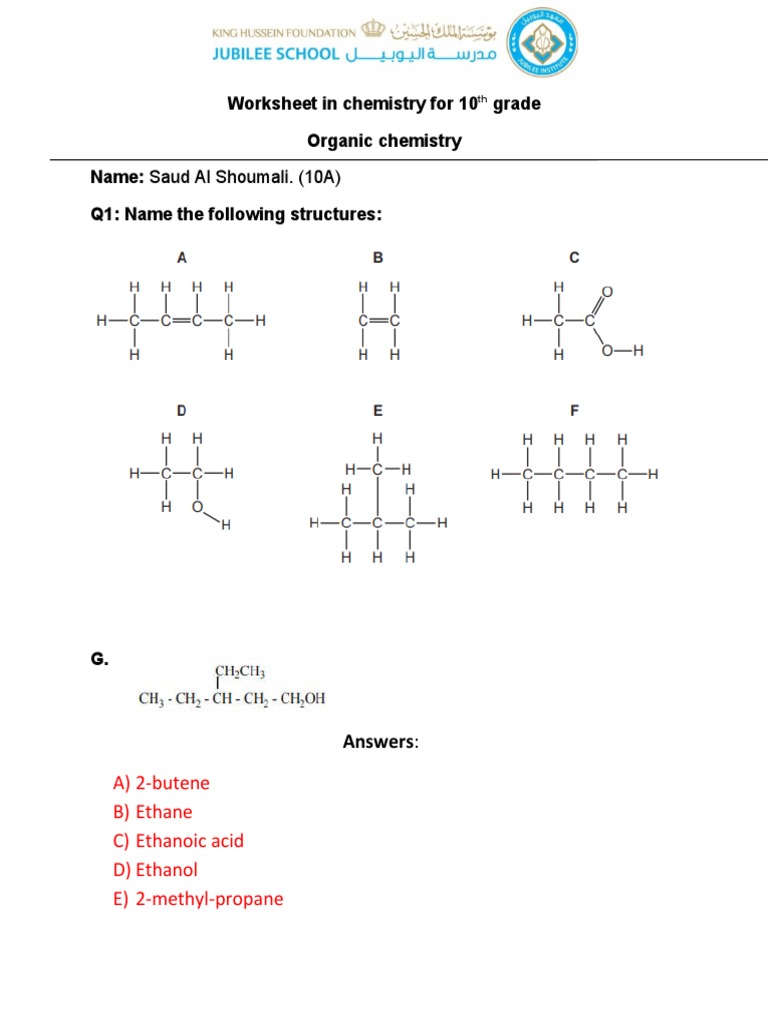 10th Grade Organic Chemistry Worksheet | PDF | Science & Mathematics