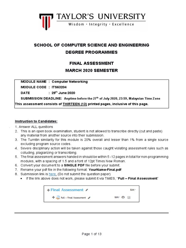 Computer Networking Final Assessment 2020 | PDF | Ip Address | Computer ...