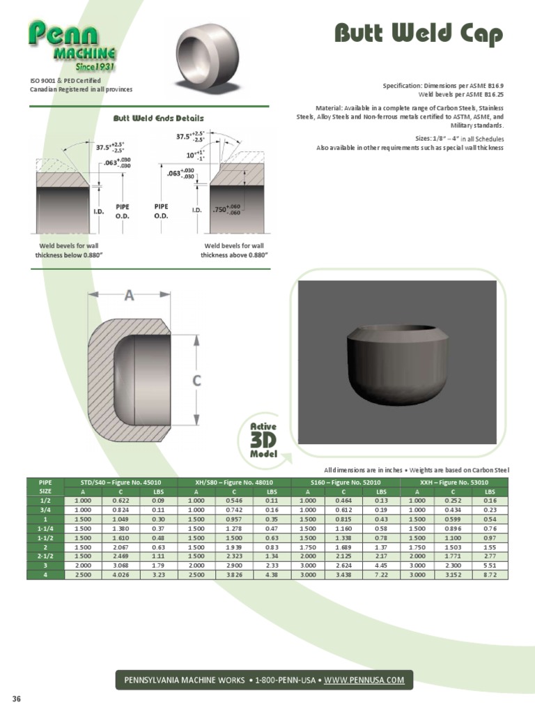Butt Weld Cap Dimension - Penn Machine | PDF | Welding | Construction