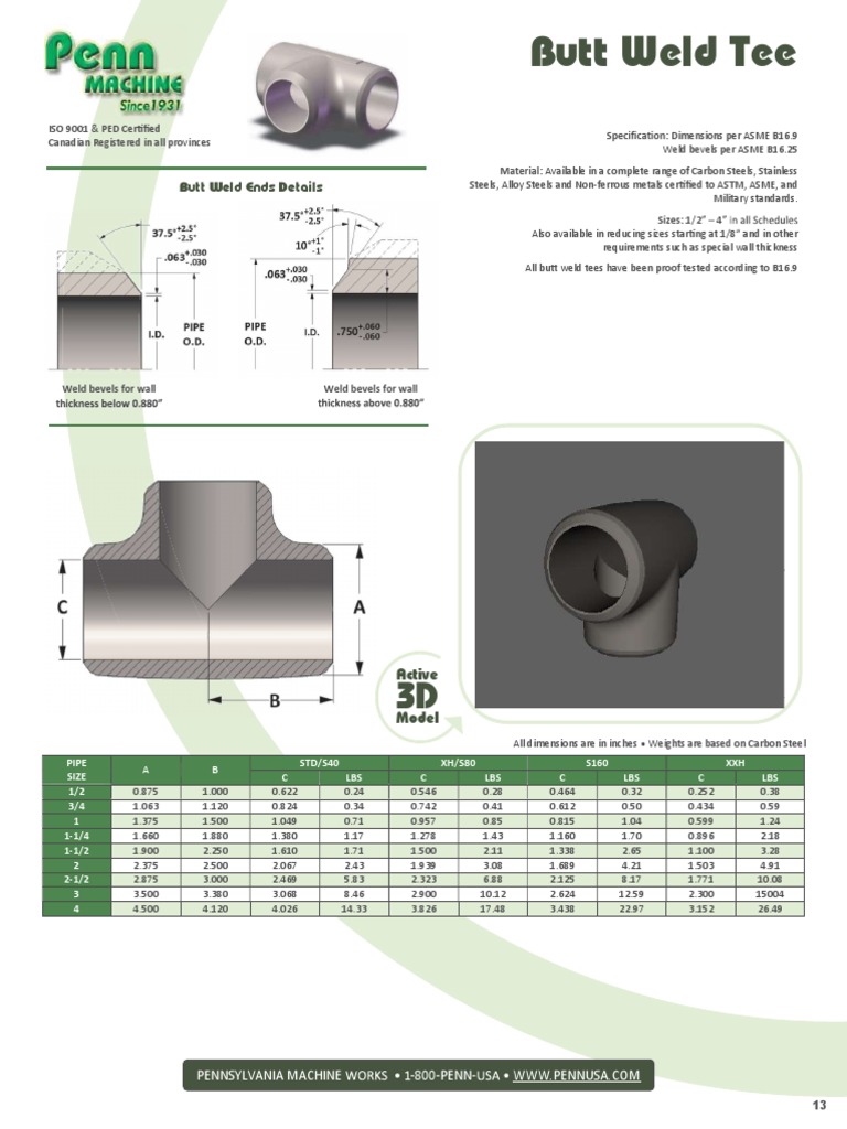 Butt Weld Tee Dimension - Penn Machine | PDF | Welding | Construction