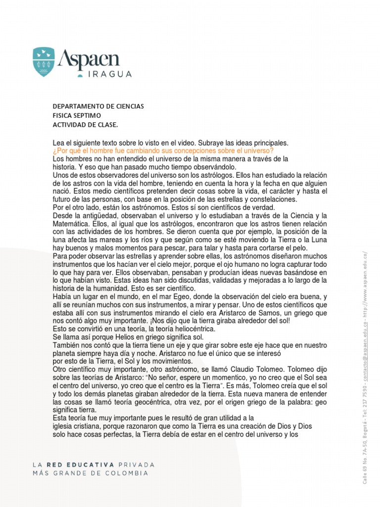ACTIVIDAD CLASE 7b | PDF | Heliocentrismo | Nicolás Copérnico