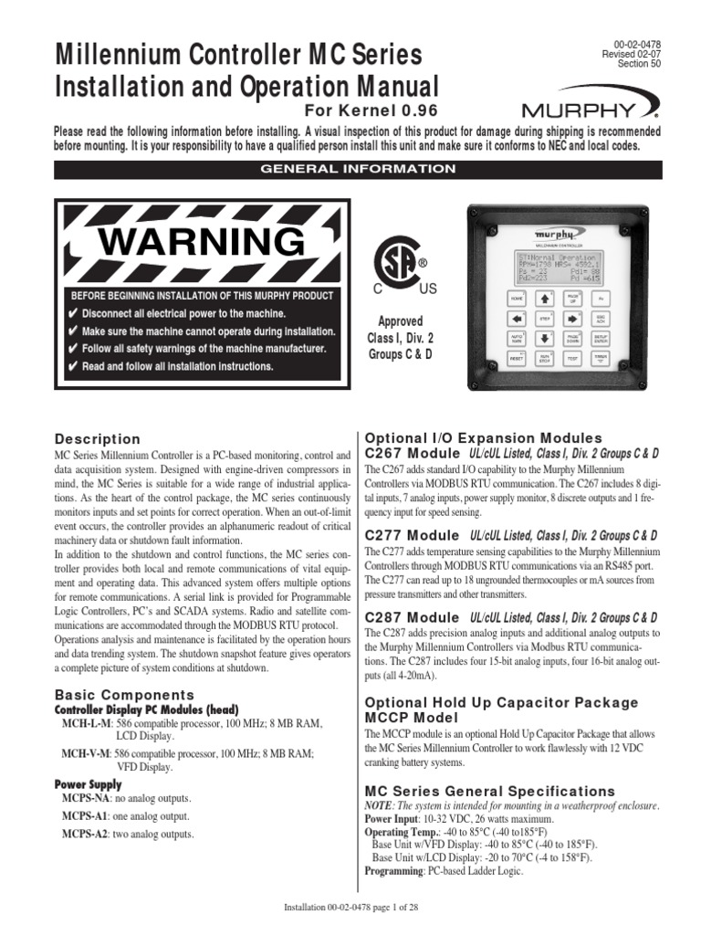 Warning: Millennium Controller MC Series Installation and Operation ...