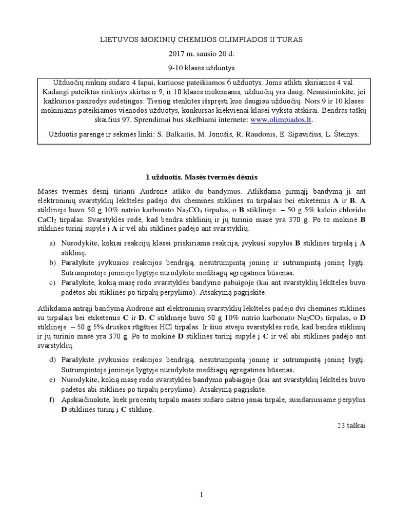 2017 - M. - 9-10 Kl. - Chemijos Olimpiados - Uzduotys | PDF