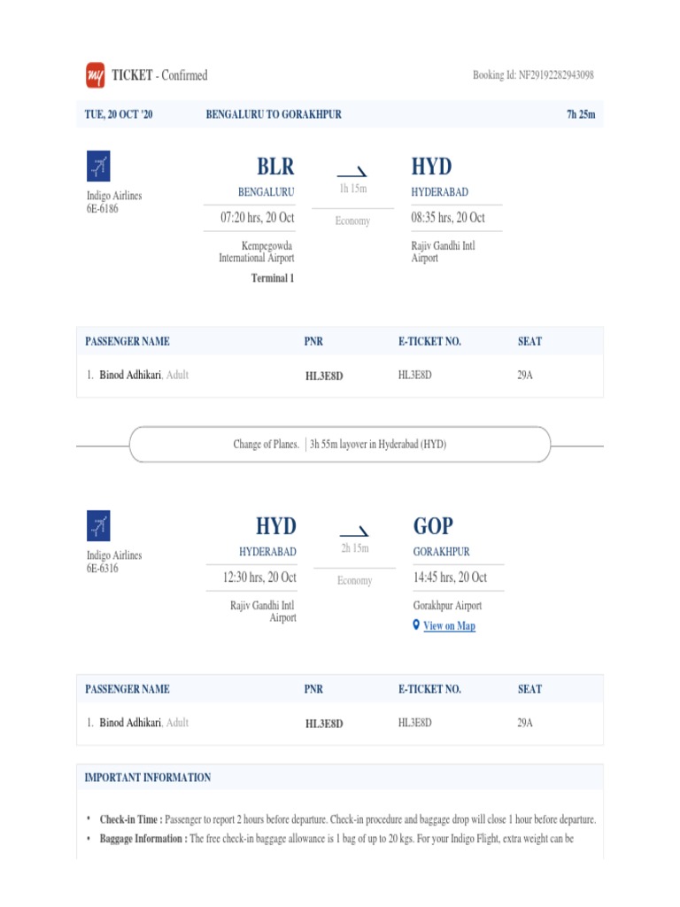 BLR HYD: TICKET - Confirmed | PDF | Airport | Identity Document